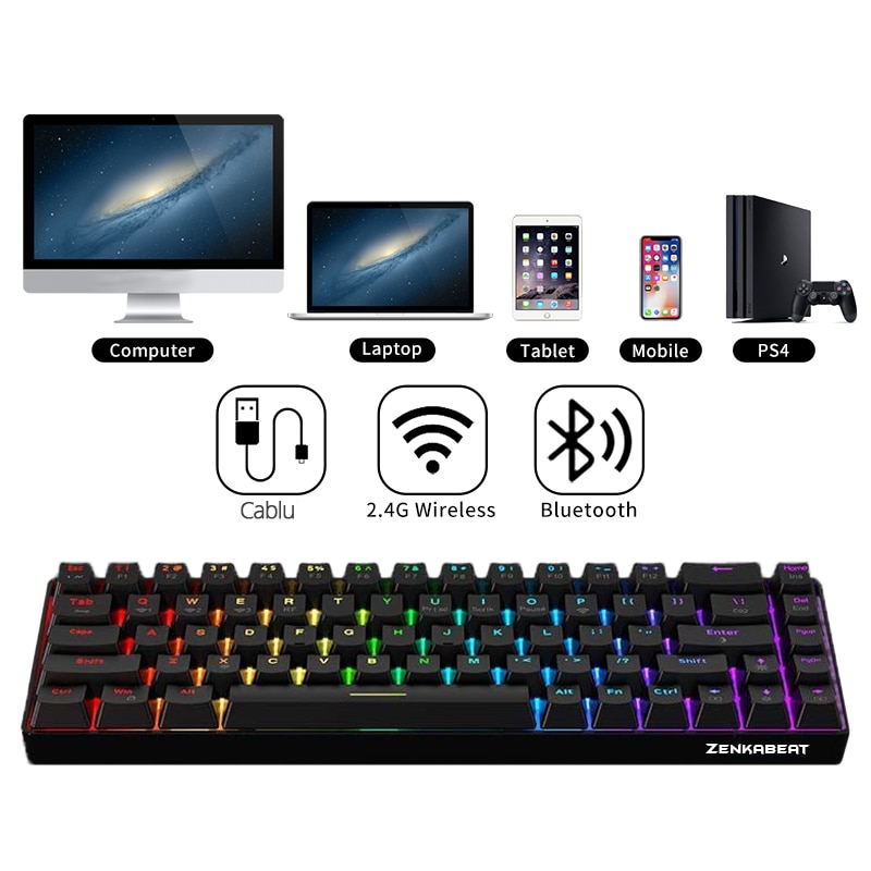 Tastatura Mecanica Wireless/ Fir ZENKABEAT, Cablu, Bluetooth, 2.4Ghz ...