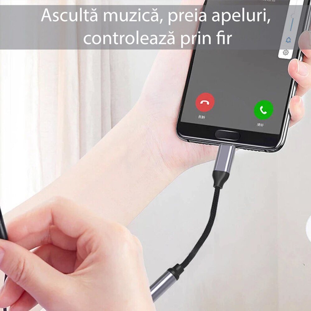 Adaptor Cablu Audio USB Type-C la mufa Jack 3.5 mm mama, Mic si ...