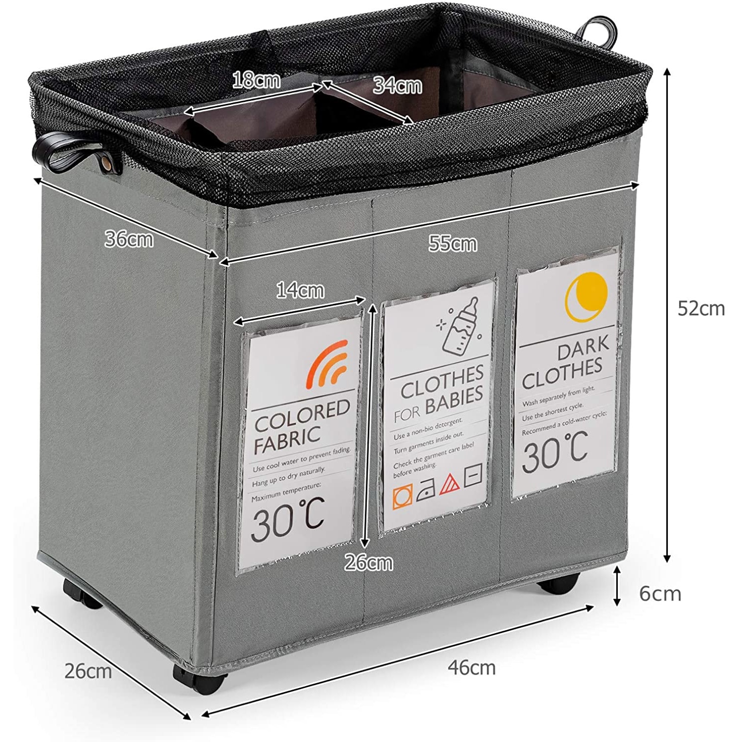 Cos de rufe cu 3 compartimente, deluxe, 52 x 46 x 26 cm, Gri, 120L ...