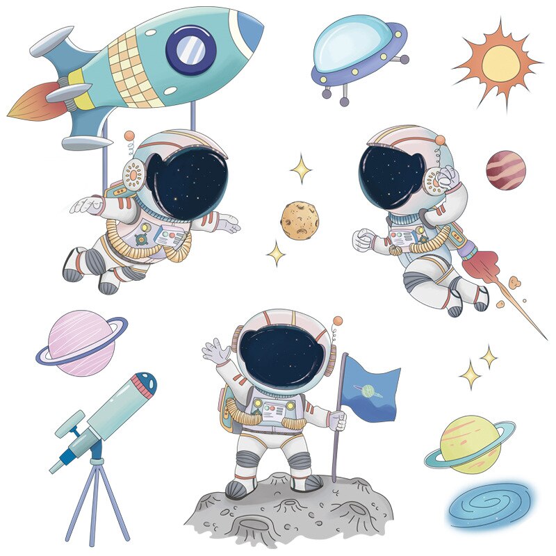 Sticker Autocolant Perete Copii, Astronauti, Planete, Racheta, 60x90 cm ...