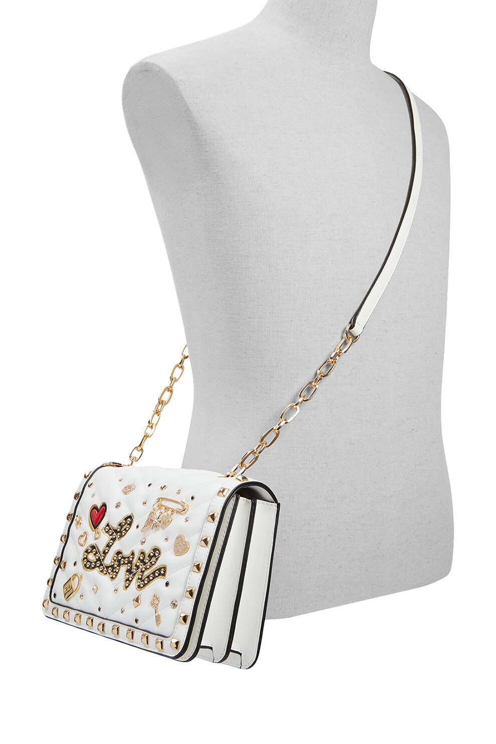 Aldo, Geanta crossbody de piele ecologica Love Truly, Alb, Auriu, Negru ...