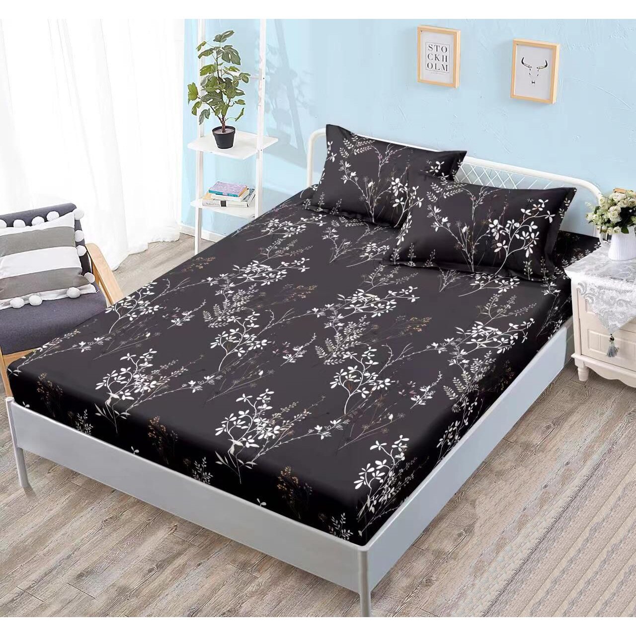 Set Husa pat cu elastic si 2 fete de perna, Bumbac-Finet, negru cu ...