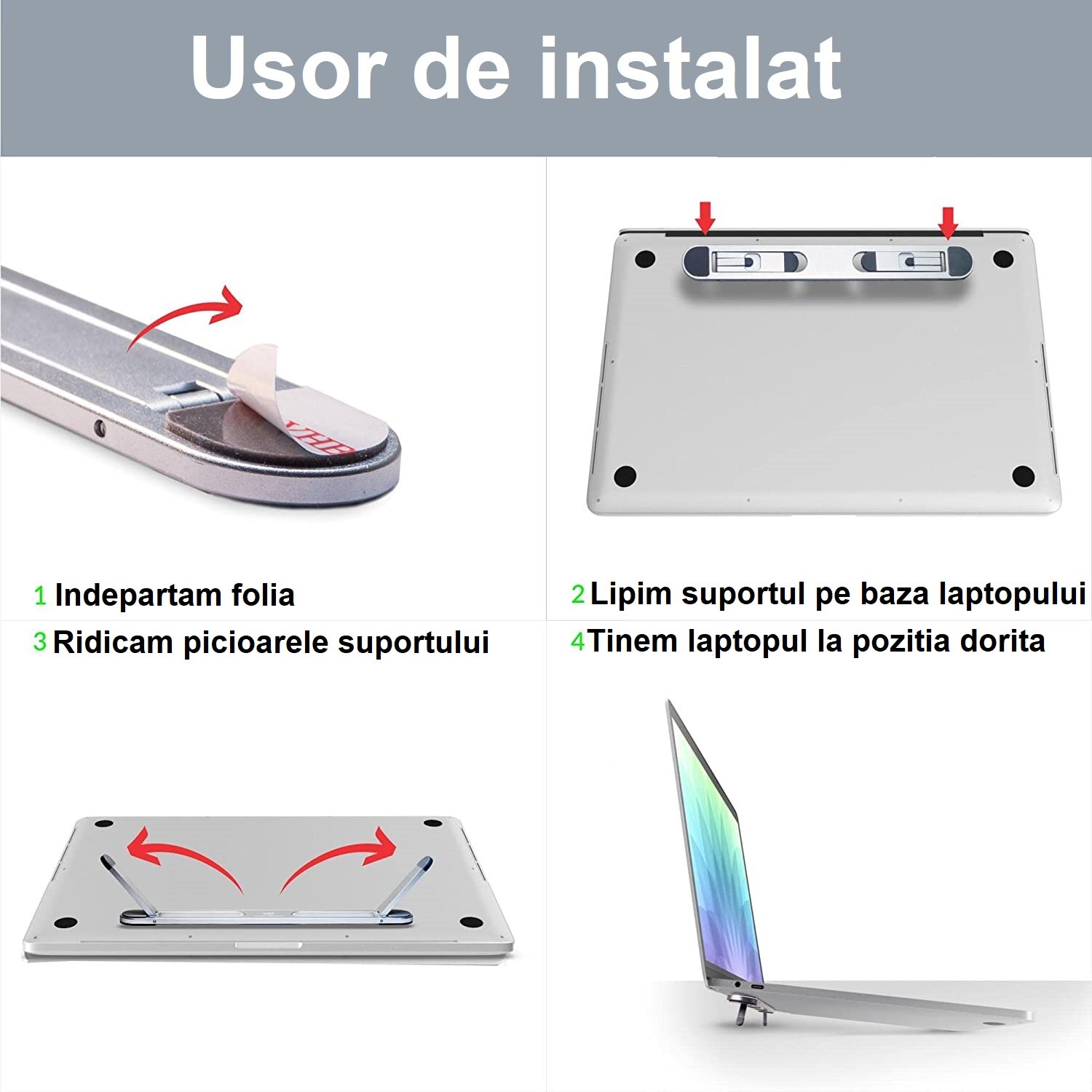 Suport adeziv pentru laptop, notebook, stand din aluminiu, reglabil pe ...