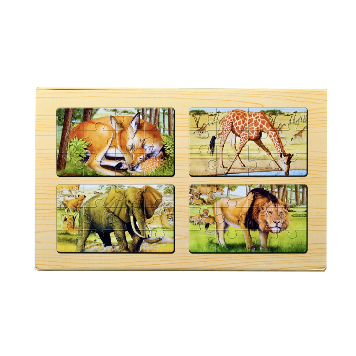 Set 4 puzzle Animale salbatice, Leu, in cutie, din lemn, 48 piese - eMAG.ro