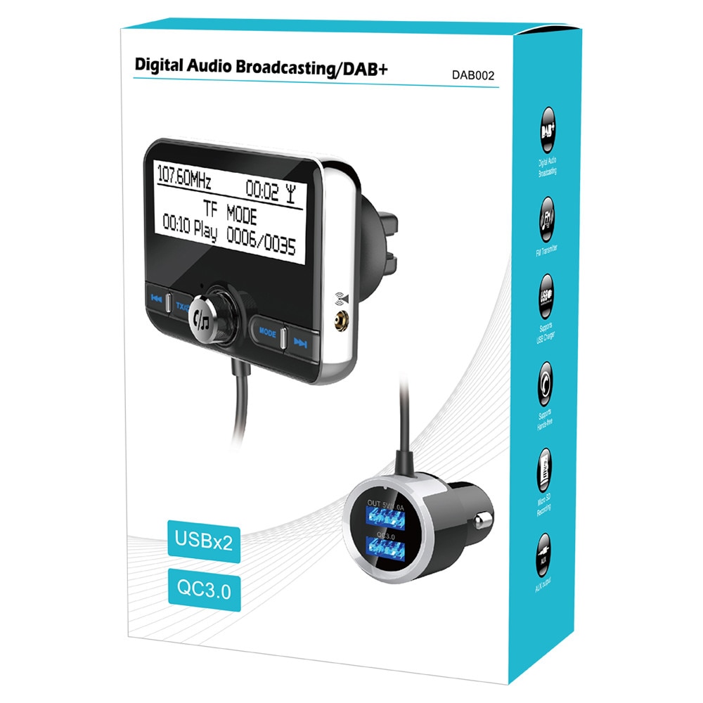 Modulátor FM, DAB, Bluetooth V4.2, MP3, Kihangosító, LCD kijelző, 2 USB ...