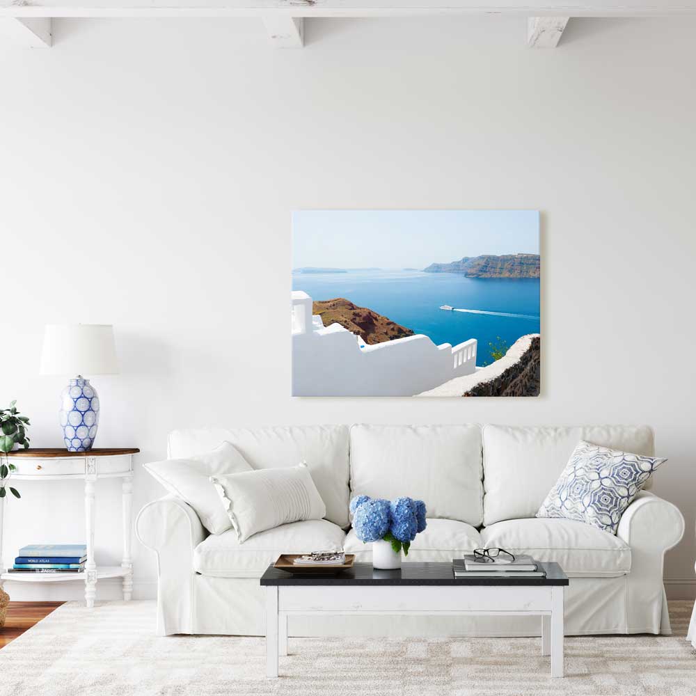 Tablou, The white architecture of Santorini, Fara rama, Albastru/Alb ...