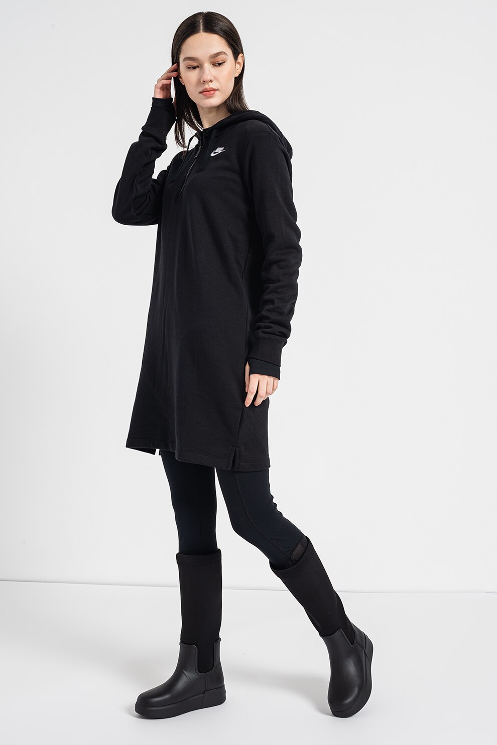 Nike, Rochie-hanorac cu logo brodat si fermoar scurt, Negru, XS - eMAG.ro