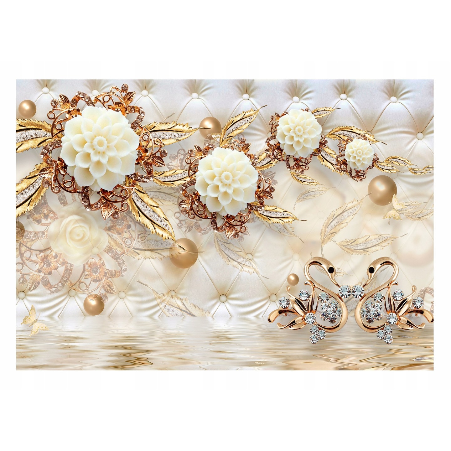 Fototapet 3D Lebede Flori Floral Design 368x254 cm, Modern Vlies Tapet ...