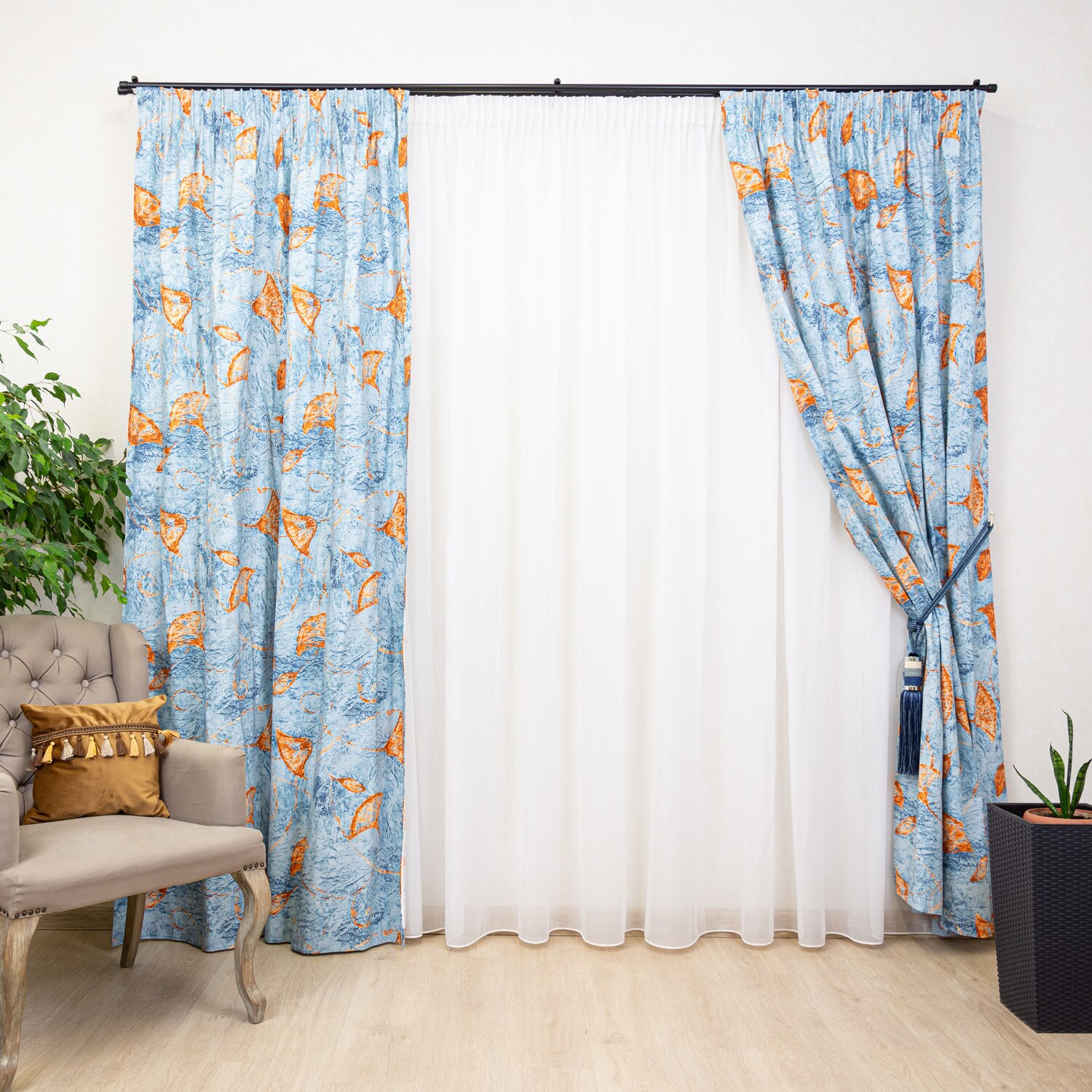 Set 3 piese, draperii 2x140x180cm Hiko Nostalgie Leaf bumbac albastru ...