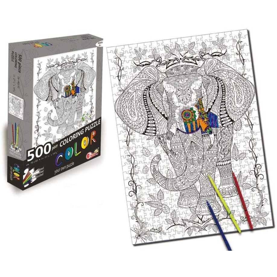 Puzzle de colorat Elefant, BBC, 6 carioci incluse, 70 x 50 cm, 500 ...