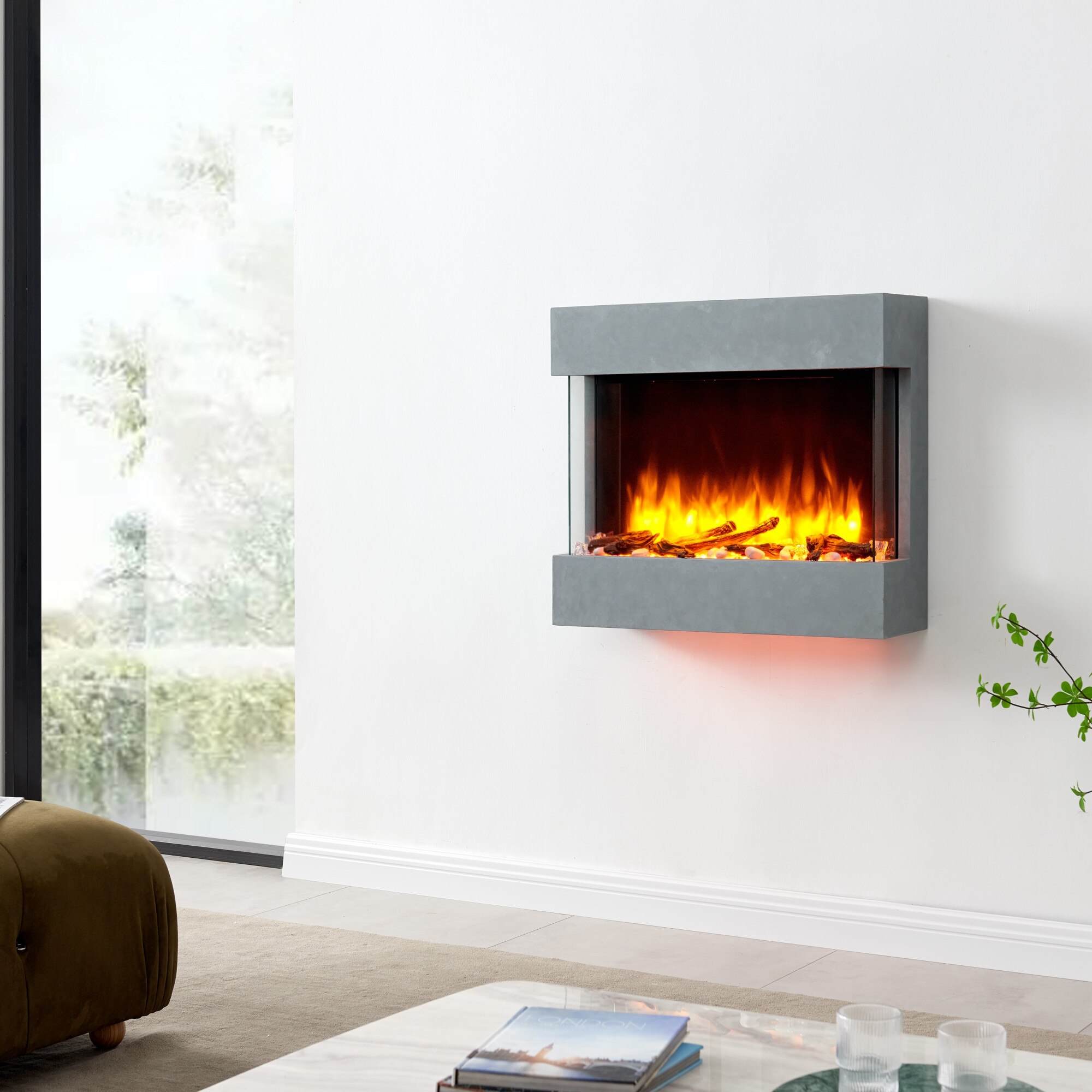 Semineu electric de perete cu incalzitor, RICHEN, Alva, Iluminare LED ...