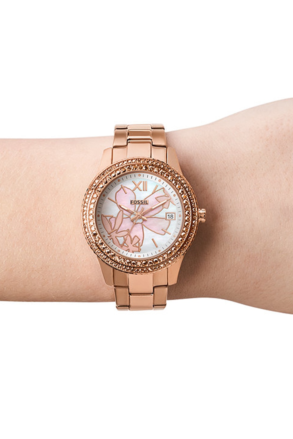 Fossil, Ceas din otel inoxidabil decorat cu cristale, Auriu rose - eMAG.ro