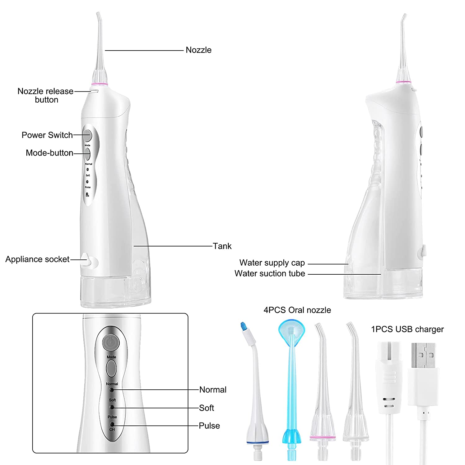 Електрически орален иригатор V8PLUS, безжичен, преносим, с 1700 mAh ...
