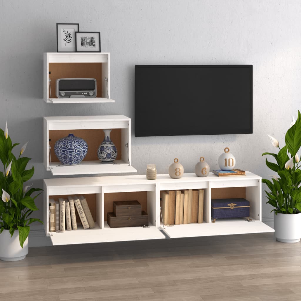 Set 4 dulapuri TV, Design modern, Lemn masiv de pin, Alb - eMAG.ro