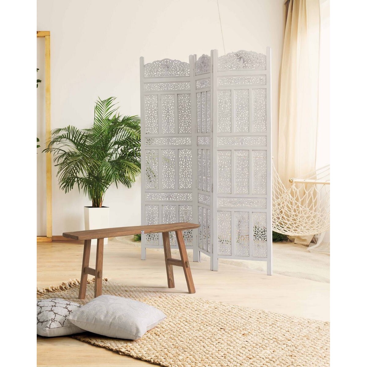 Paravan decorativ lemn alb antichizat Kartyk 150 cm x 2.1 cm x 180 h ...