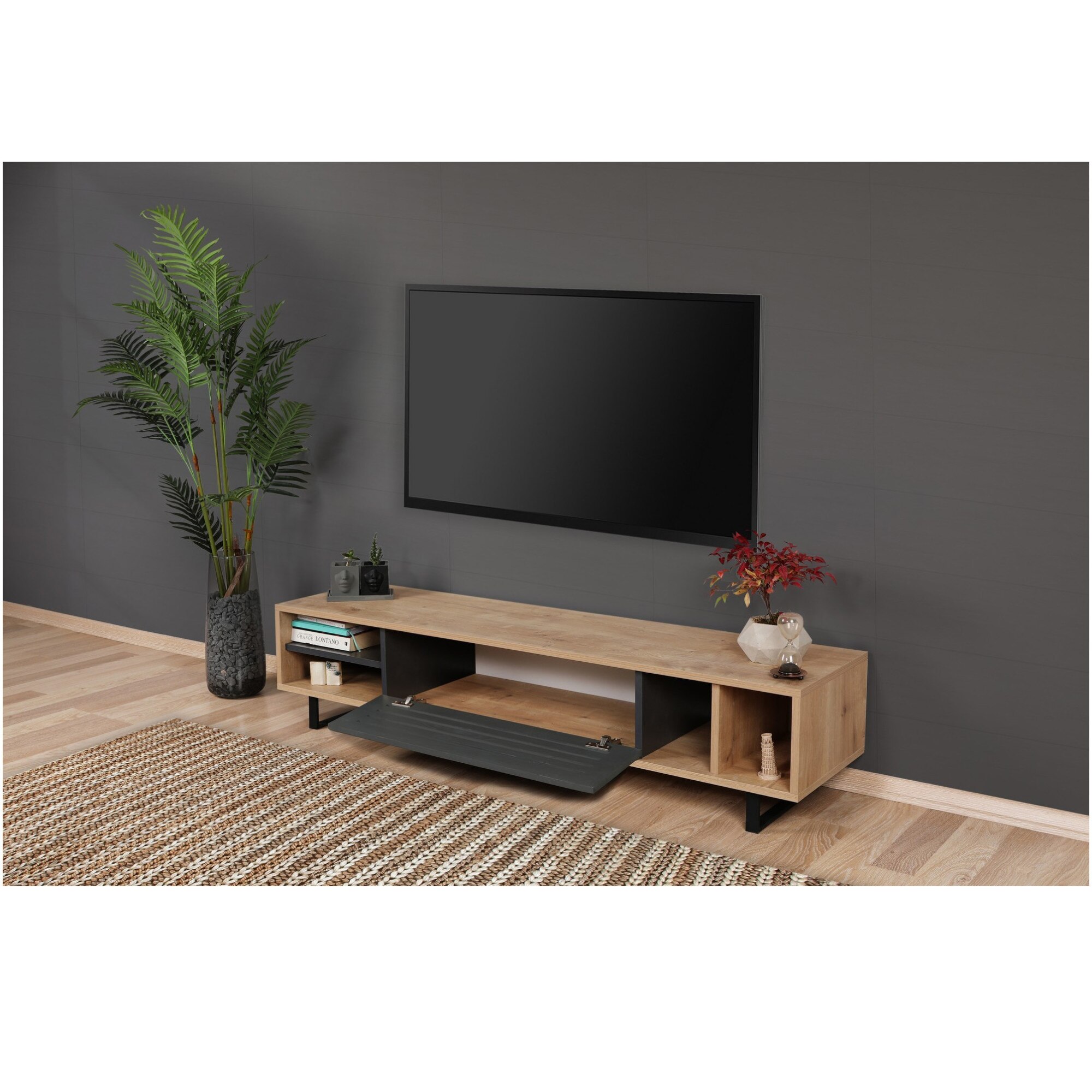 Comoda TV Kalune Design Sapphire, PAL melaminat, 160x40x35xcm, Antracit ...
