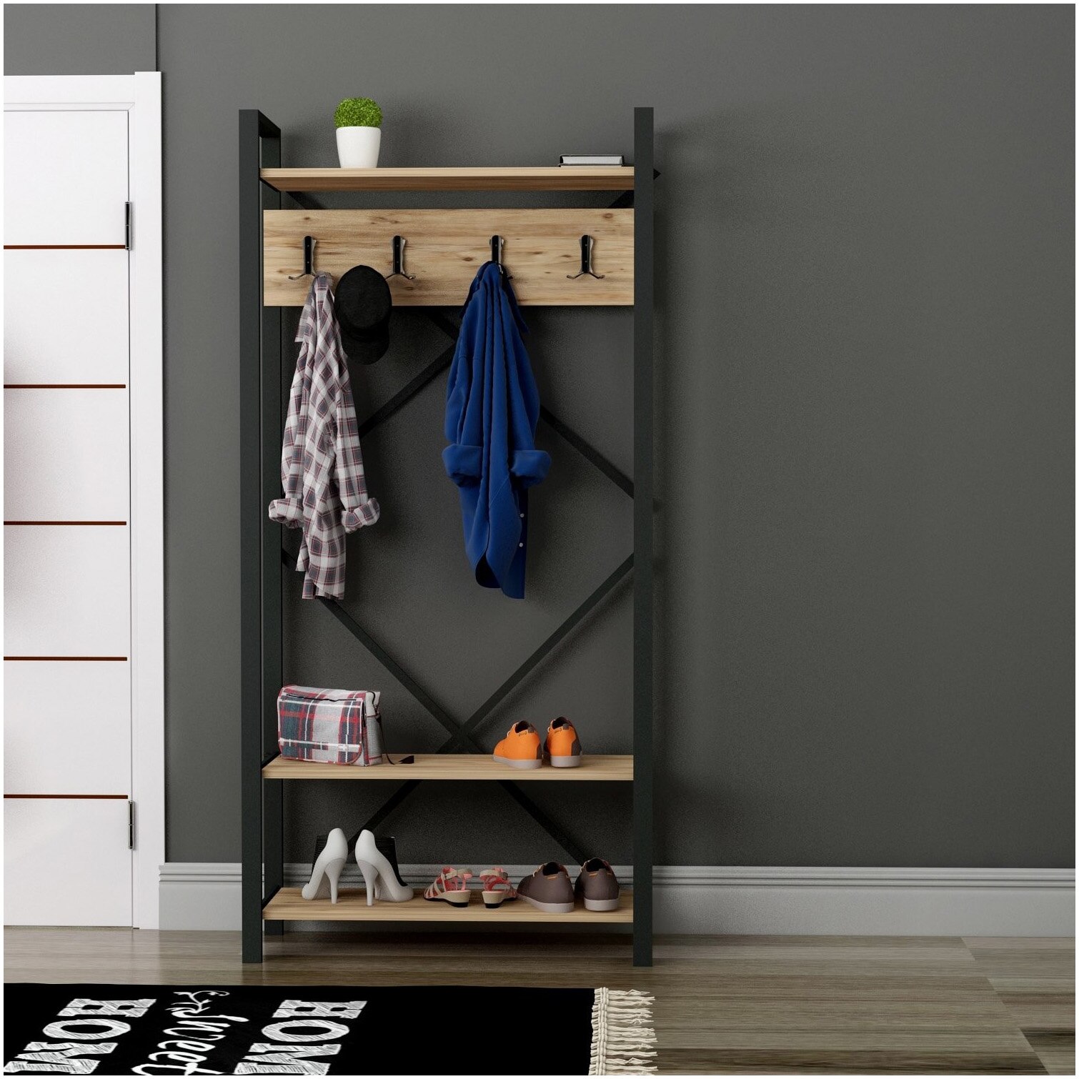 Cuier Kalune Design Athena, PAL melaminat, 90x35x180xcm, Pin/Negru ...