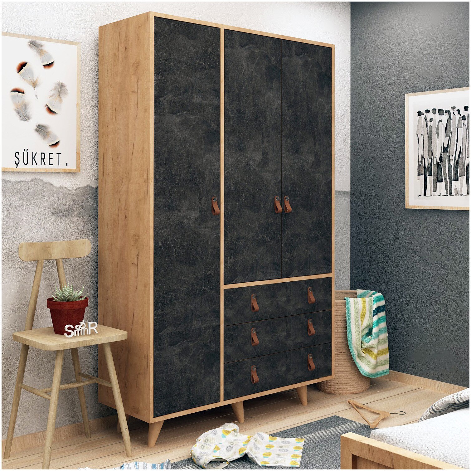 Dulap Kalune Design Chunky, 3 sertare, PAL melaminat, 120x52x187xcm ...