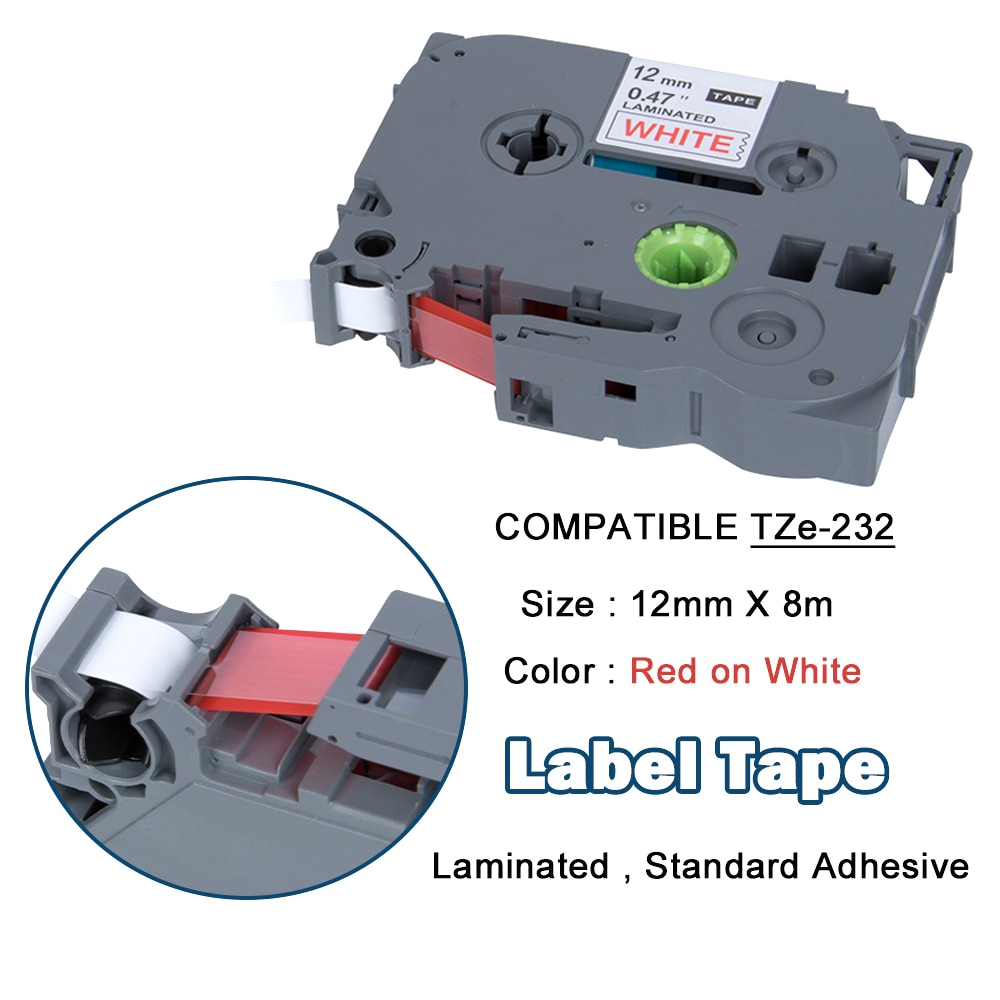 Banda laminata etichete compatibila Brother TZe-232 12 mm rosu / alb ...