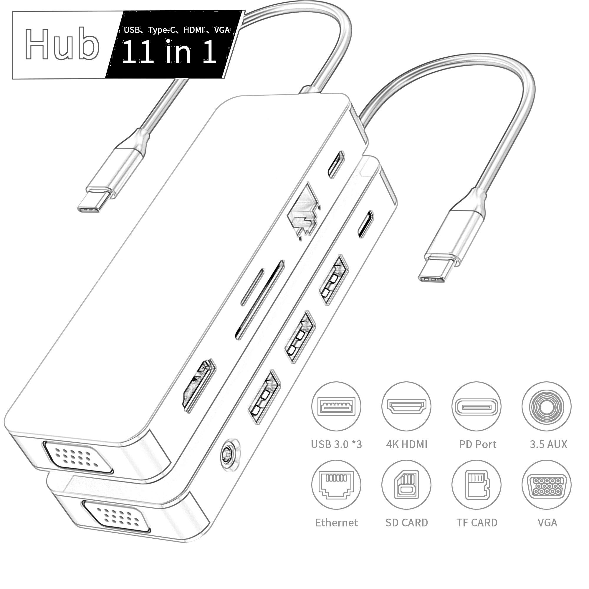 Hub 11 in 1 adaptor 4k USB Type-C la 3xUSB3.0, 1xUSB C data, 1xUSB C PD ...