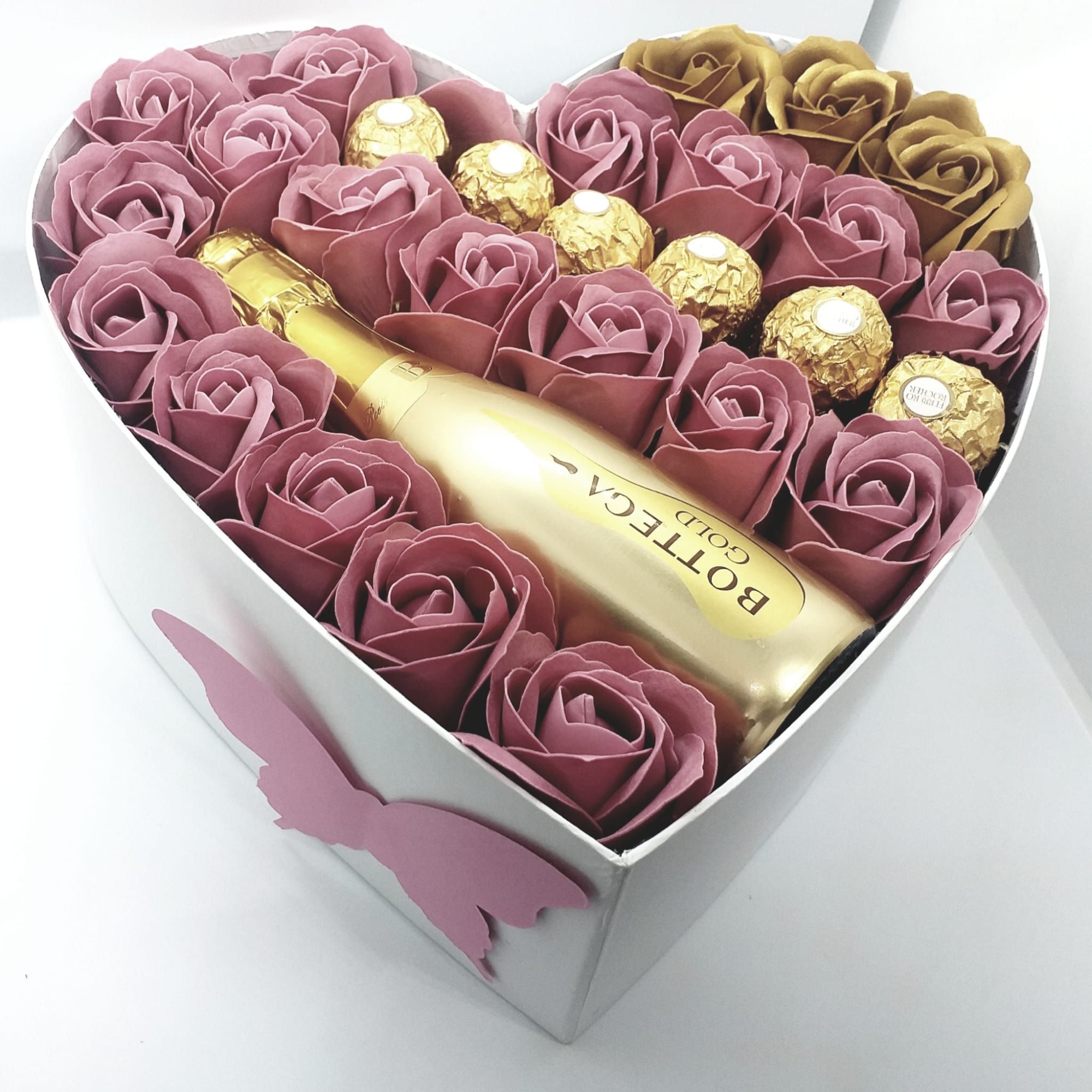 Aranjament Floral Golden Rose cu Praline Ferrero Rocher, Prosecco ...