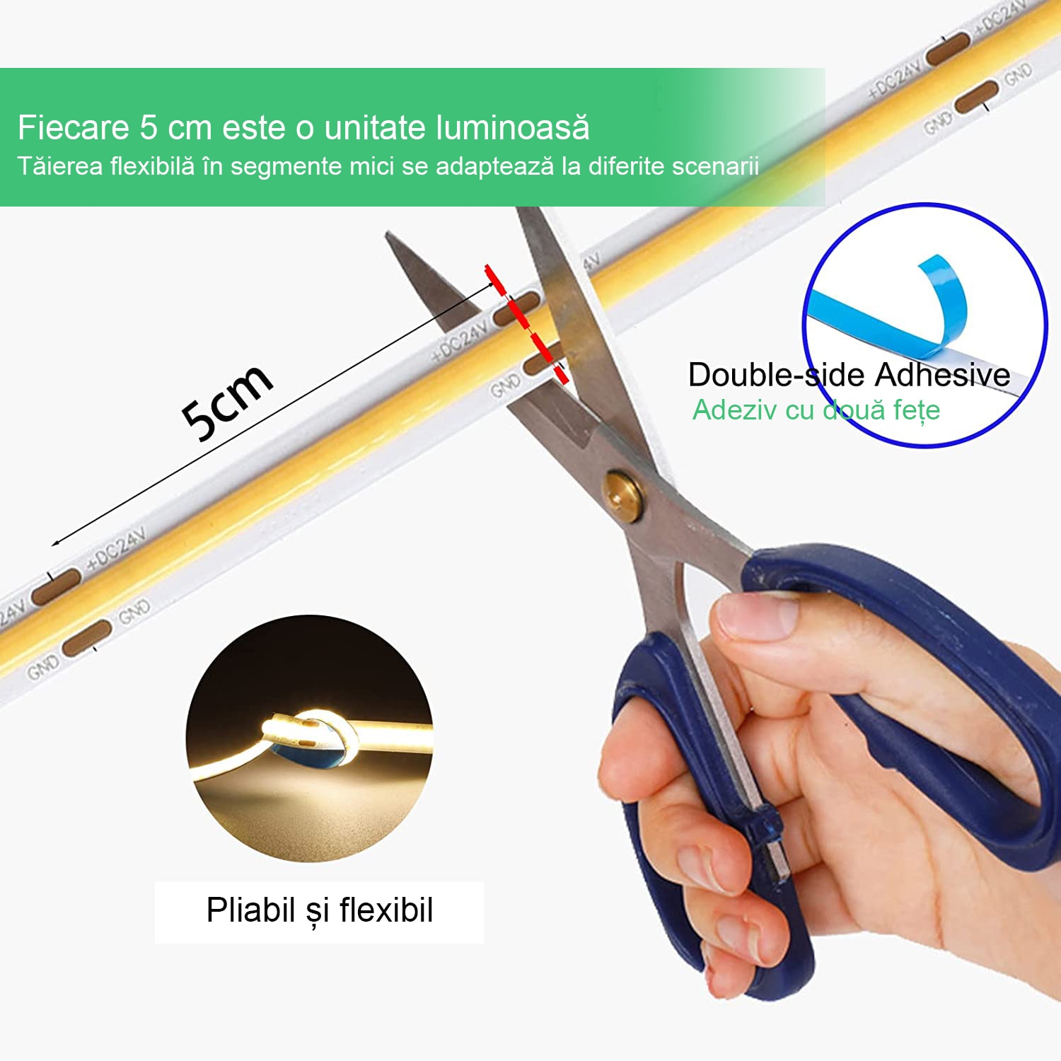 Banda LED, MATCHEASY, USB, 5V, 1m, COB, 320 Led/m, Albastru deschis ...