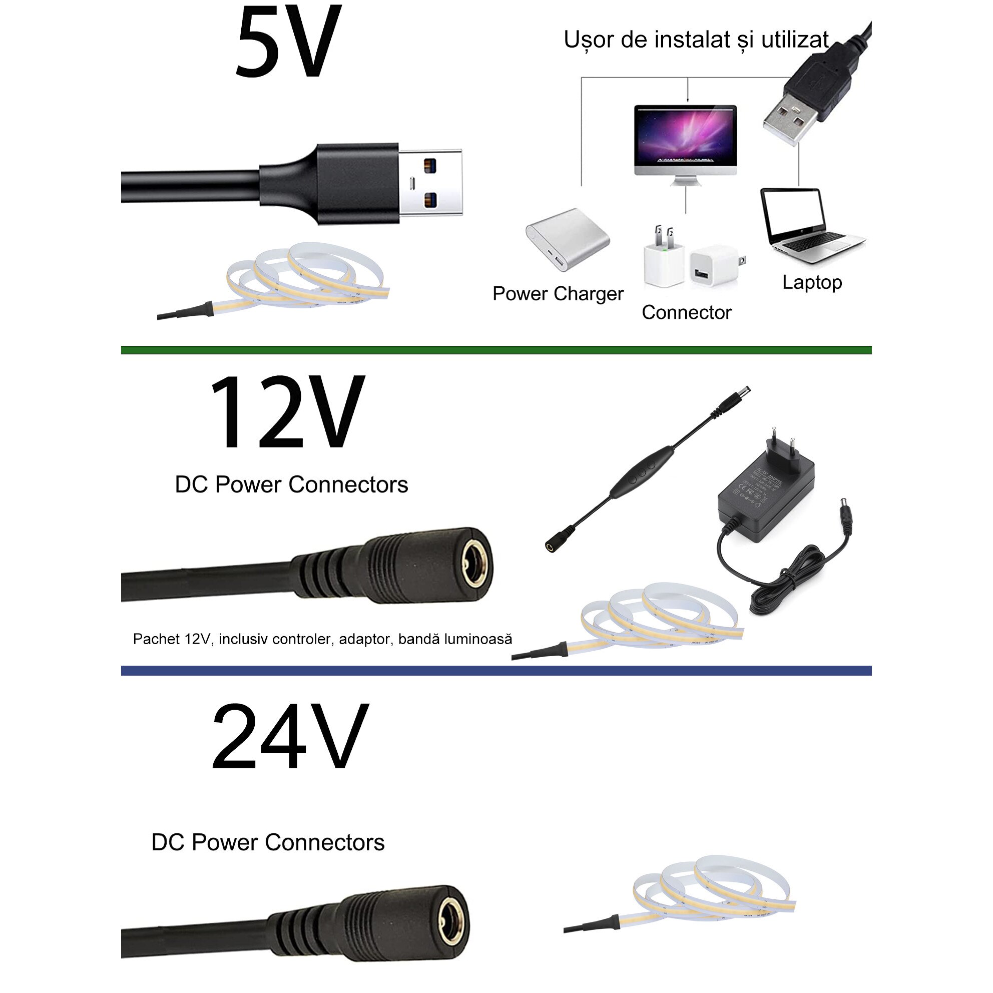 Banda LED, MATCHEASY, USB, 5V, 1m, COB, 320 Led/m, Albastru deschis ...