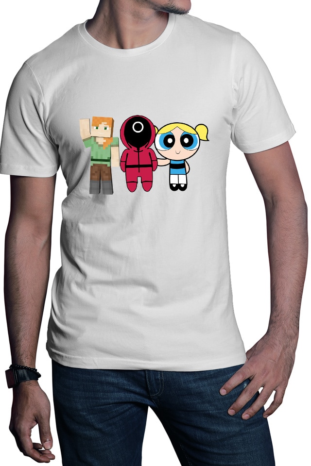 Мъжка тениска Squid Game Family Powerpuff Girls Bubble Minecraft, Бял ...