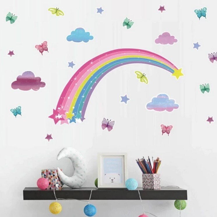 Sticker decorativ curcubeu cu nori si fluturi pentru perete, oglinzi ...