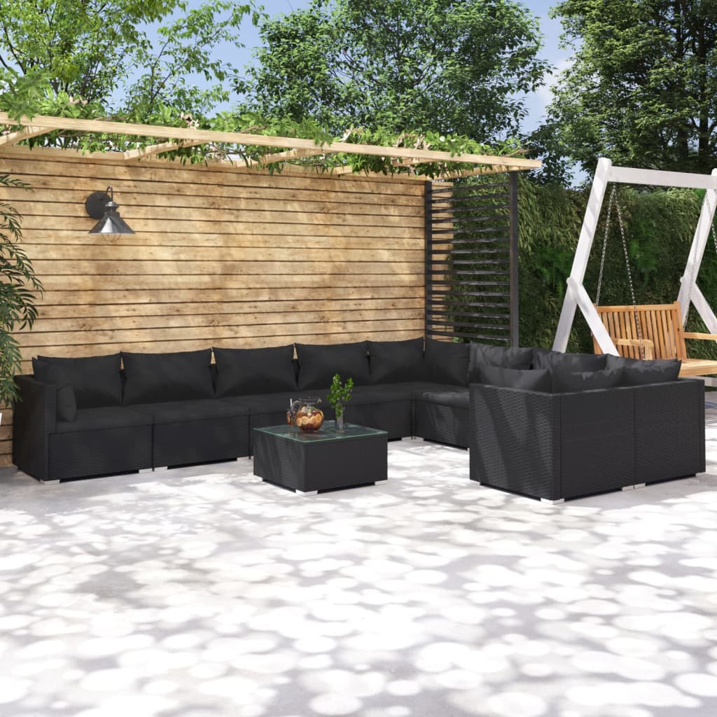 Set mobilier de gradina cu perne, 10 piese, Modern, negru, poliratan ...