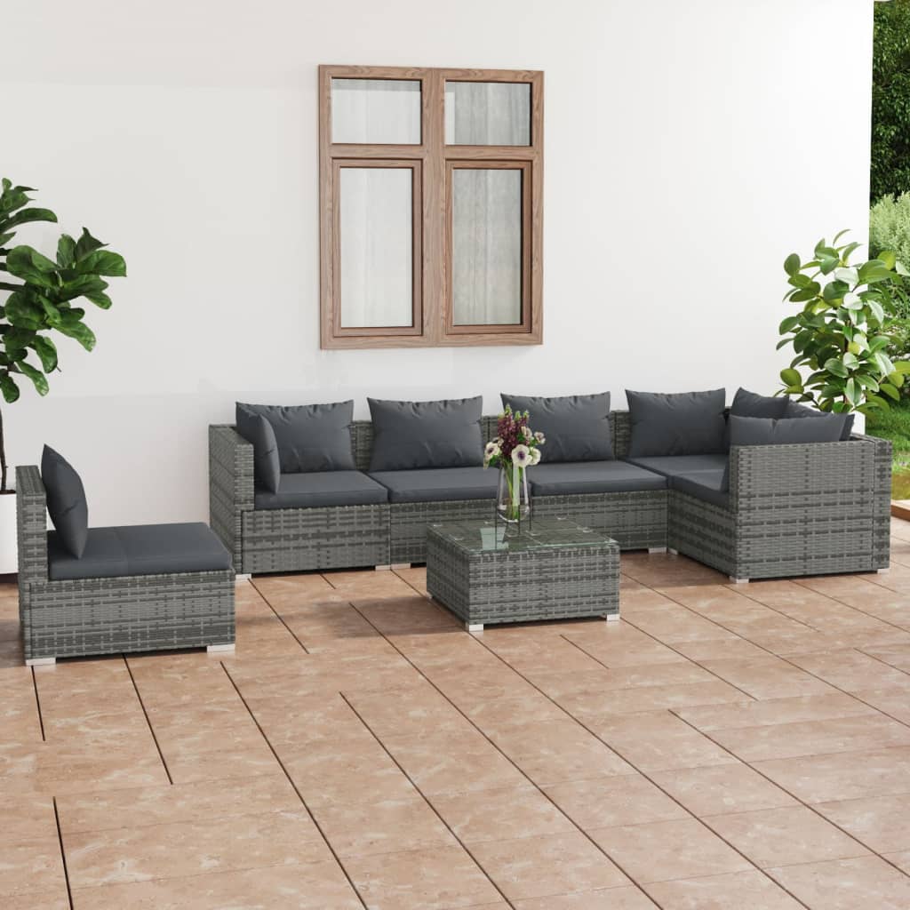 Set mobilier de gradina cu perne, 7 piese, Modern, gri, poliratan ...
