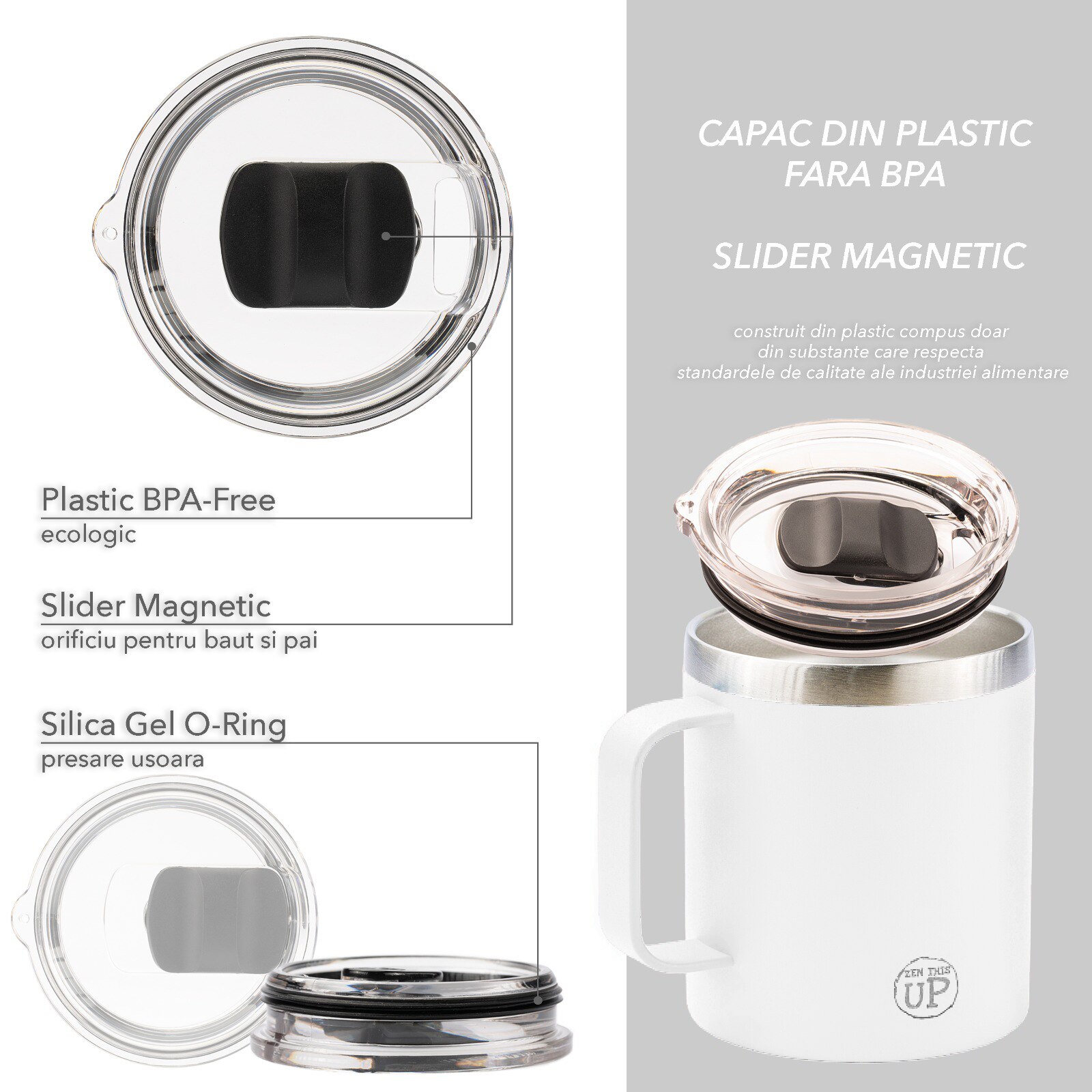 Cana termos inox premium pentru cafea, ceai, ZenThisUp, 355 ml, Alb, cu ...