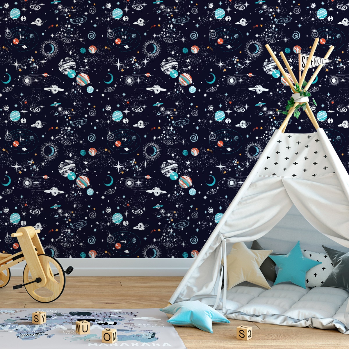 Tapet planete univers stele pentru camera baiatului 53cm x 10m Vlies ...