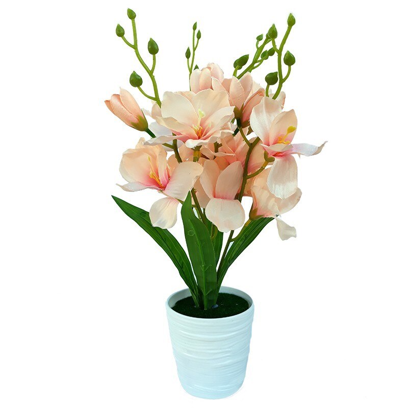 Decoratiune din plastic formata din ghiveci cu flori, roz deschis ...