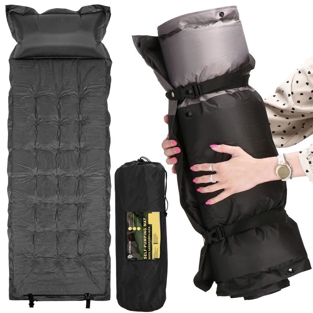 Saltea camping auto-gonflabila, matlasata, poliester si spuma PU, gri ...