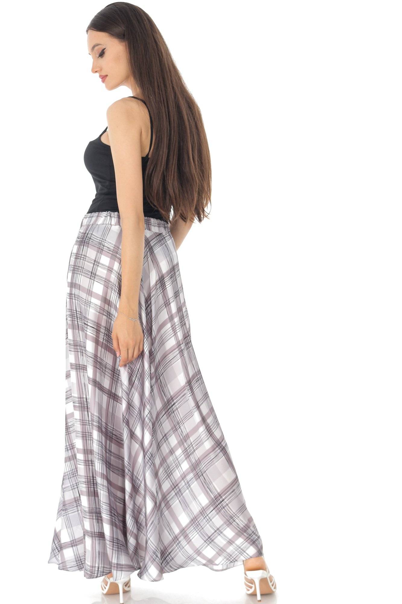 Fusta maxi ROH FR508 Crem din satin cu imprimeu in carouri, M-L - eMAG.ro