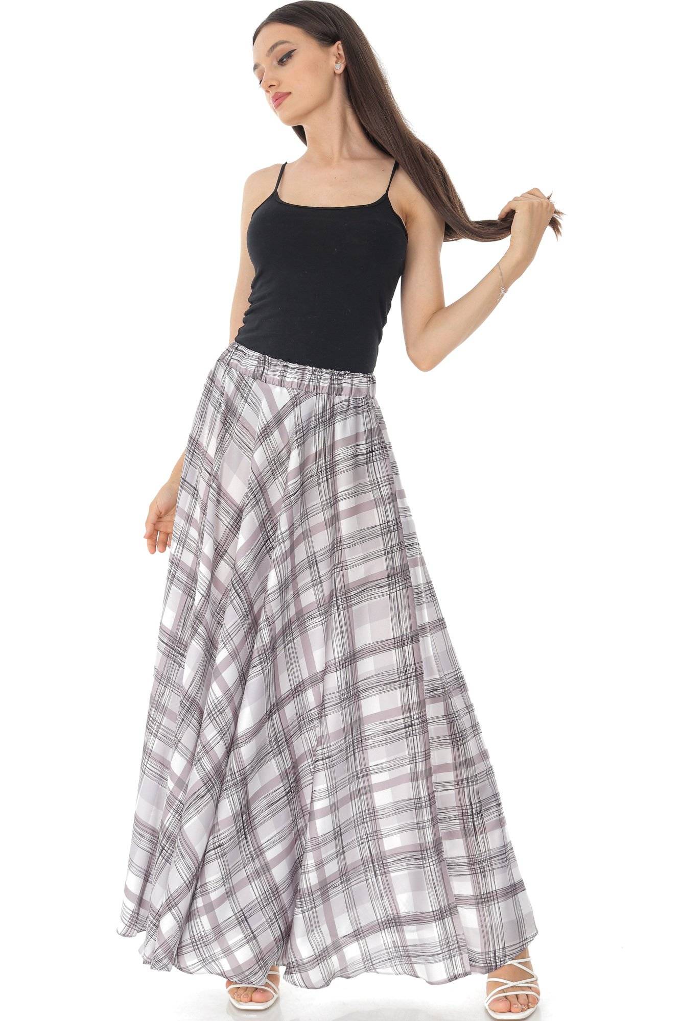 Fusta maxi ROH FR508 Crem din satin cu imprimeu in carouri, M-L - eMAG.ro