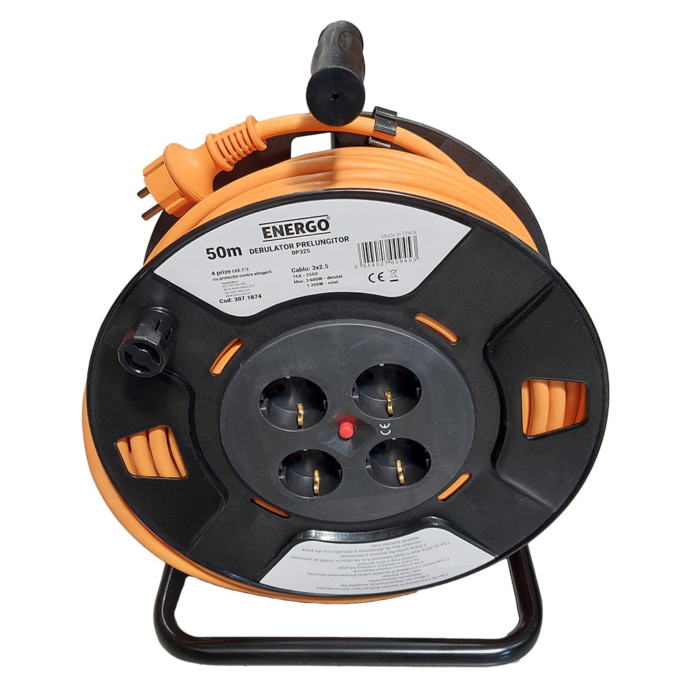 Derulator prelungitor 50 m IP20 cu 4 prize Schuko, cablu F3G2.5 Energo ...