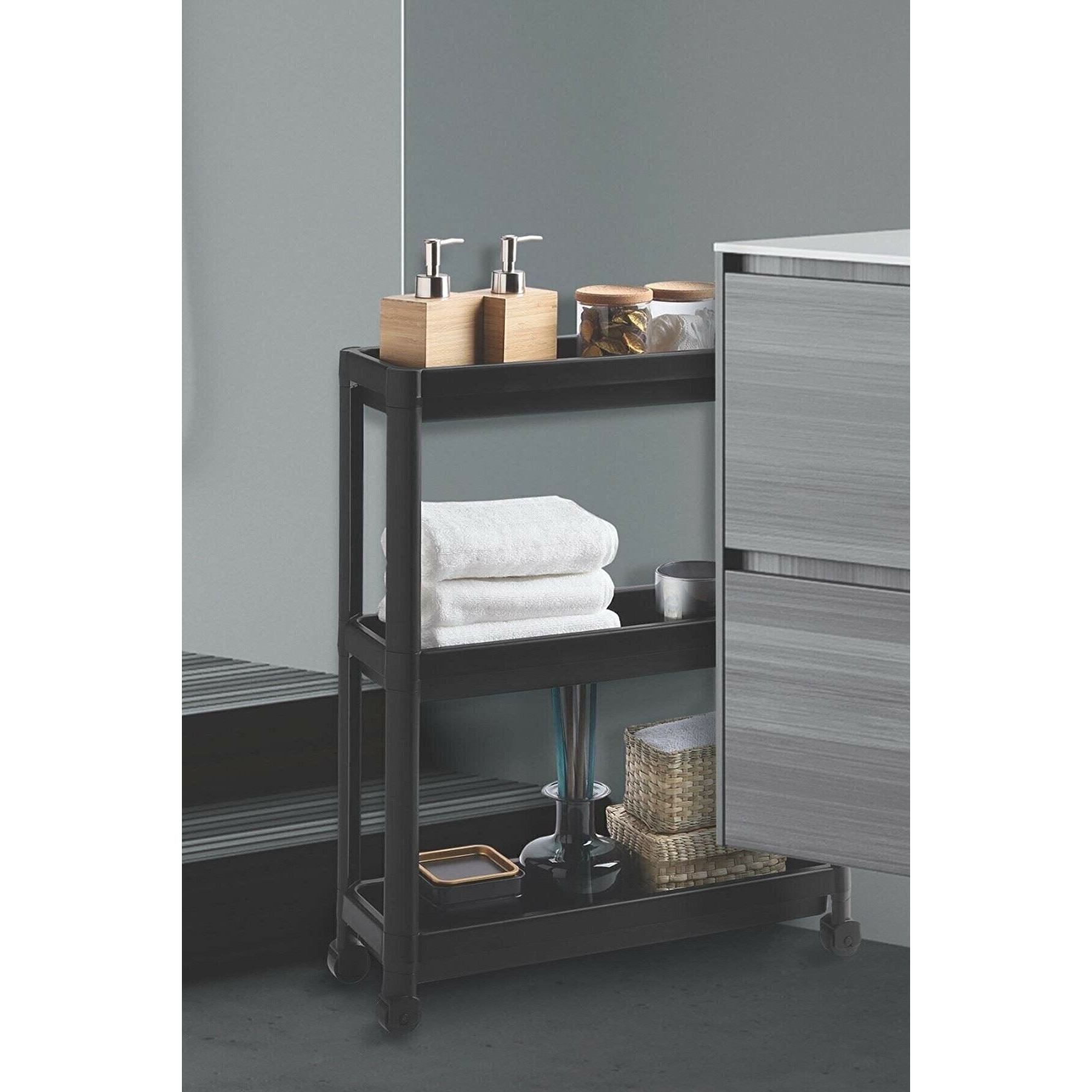 Raft plastic multifunctional Slim, 3 etajere, 54x18x71 cm, Negru - eMAG.ro