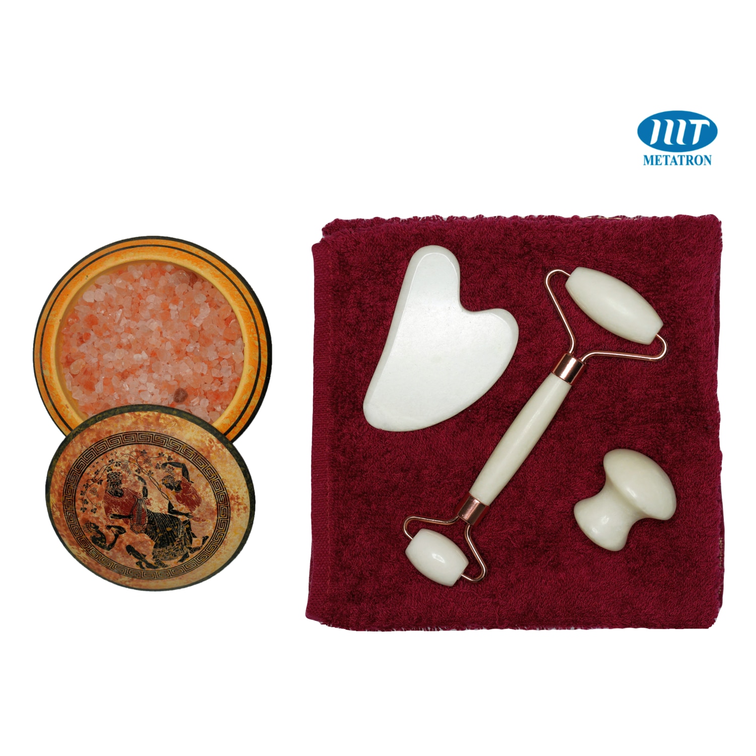 Set 3 piese din jad alb 100% natural, compus din rola dubla, Gua Sha si ...