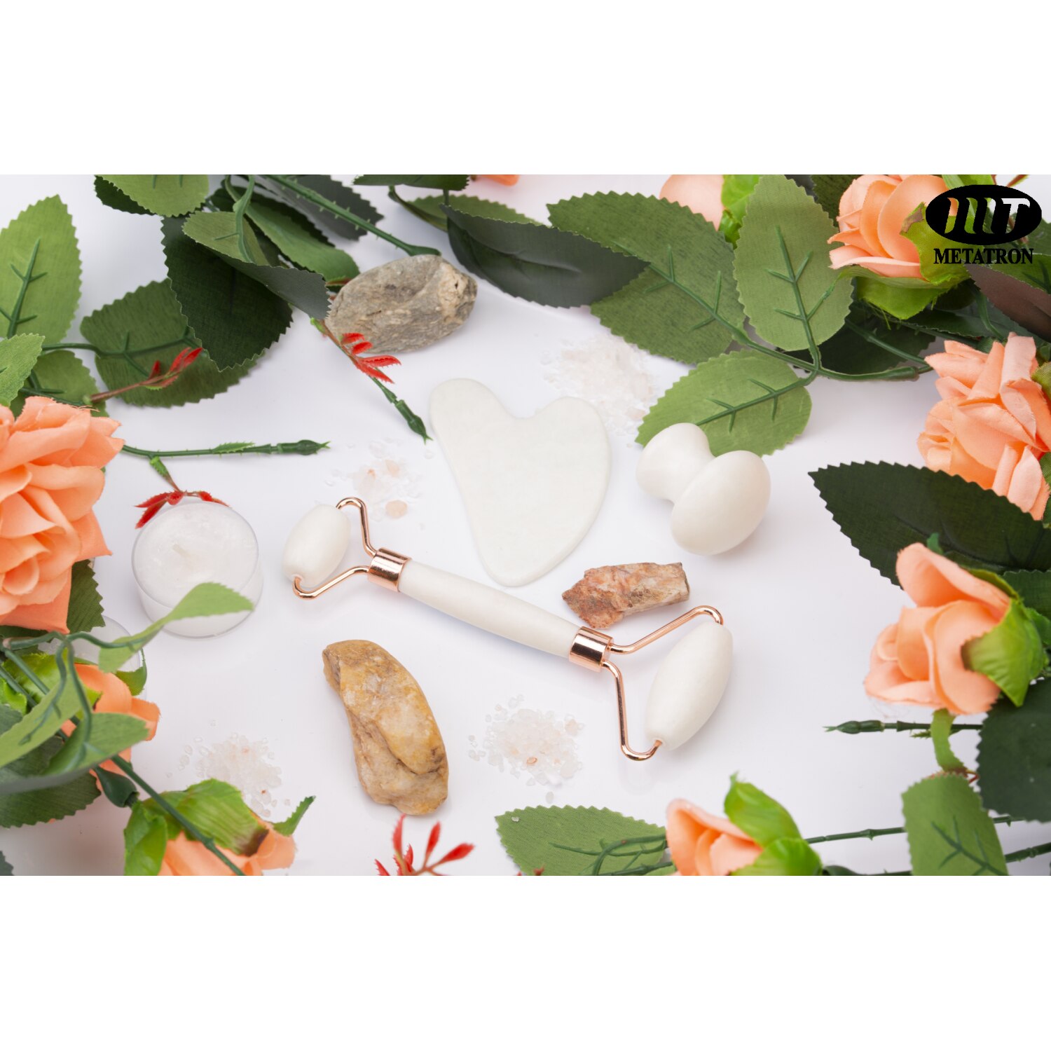 Set 3 piese din jad alb 100% natural, compus din rola dubla, Gua Sha si ...