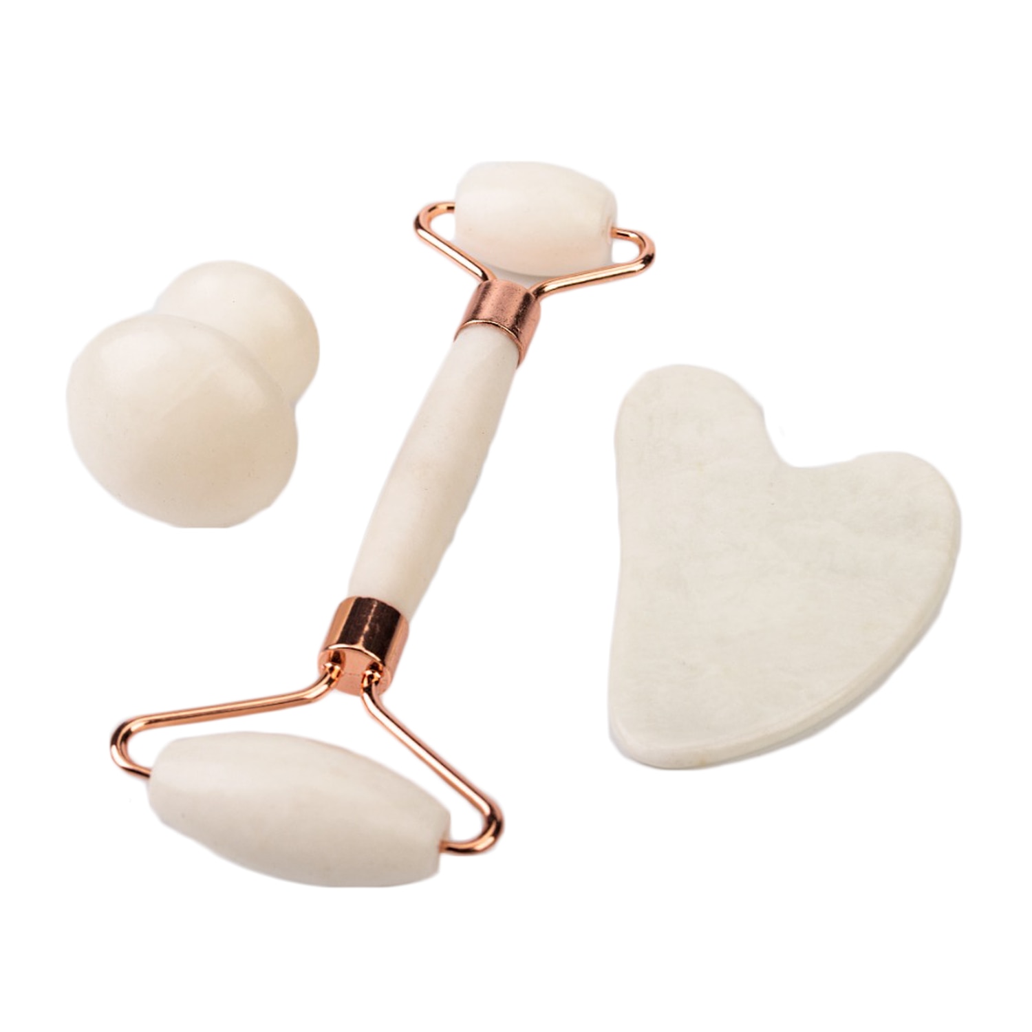 Set 3 piese din jad alb 100% natural, compus din rola dubla, Gua Sha si ...