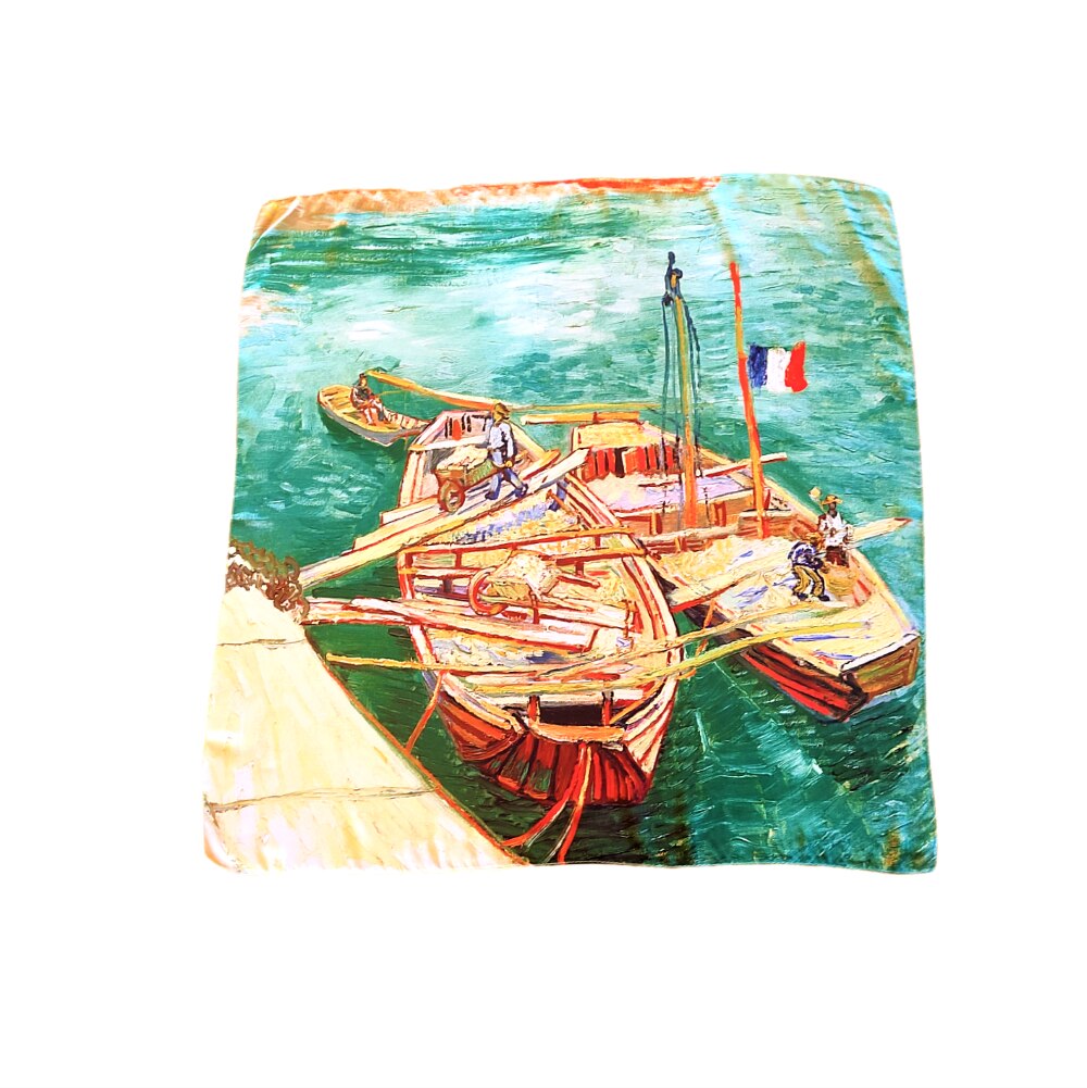 Esarfa matase imprimeu peisaj marin cu barci 70 x 70 cm - eMAG.ro