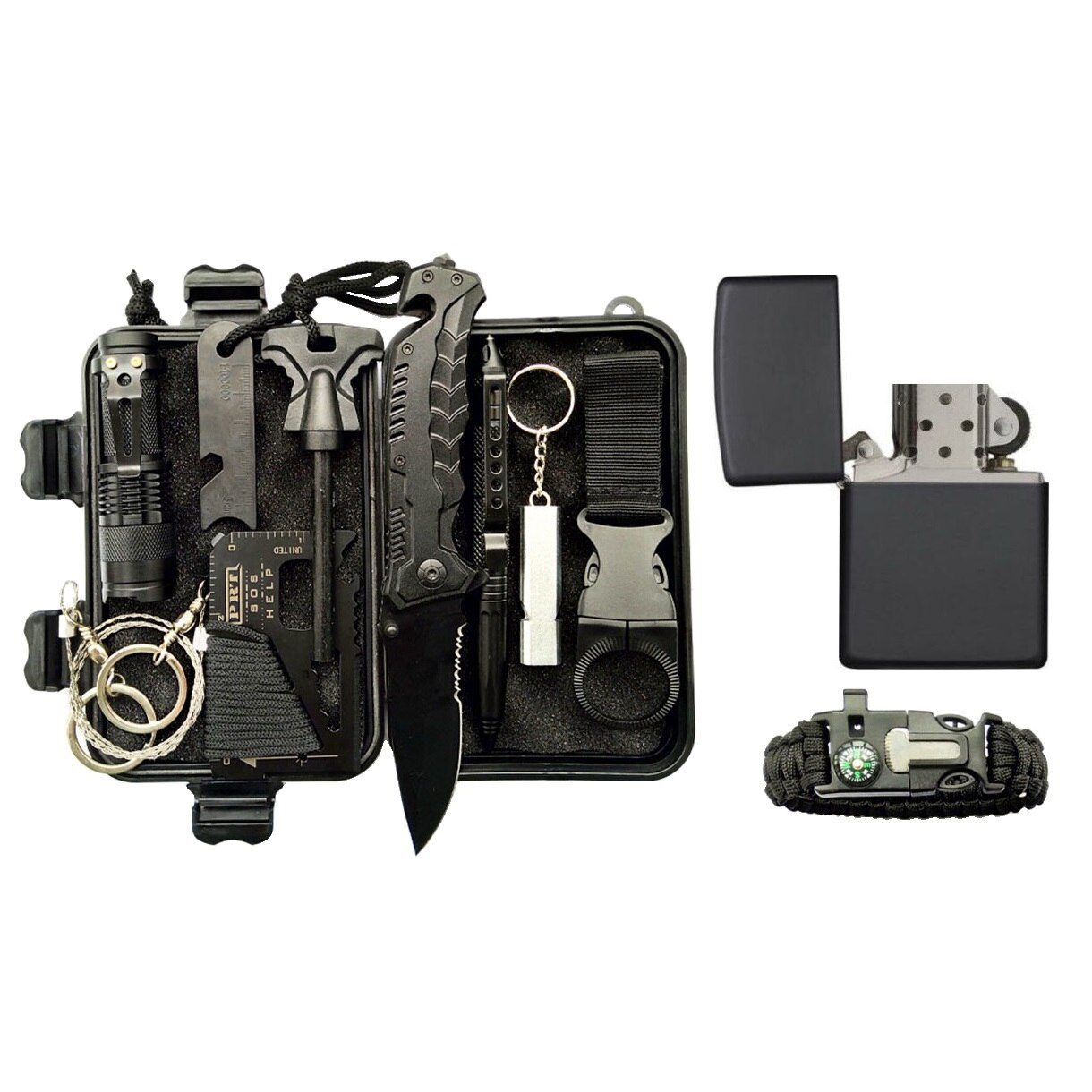 Kit tactic Supravietuire pentru Camping 12 in 1, multifunctional, negru ...