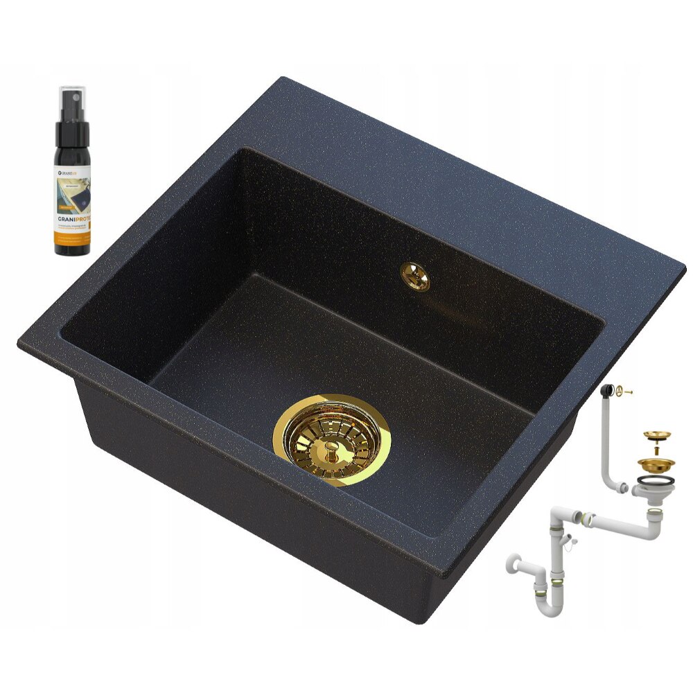 Set Chiuveta bucatarie + Spray, 30 ml + Sifon, Granitan, Granit, Negru ...