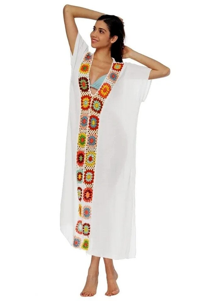 Rochita lunga de plaja, aplicatii crosetate si slituri pe laterale, Alb ...