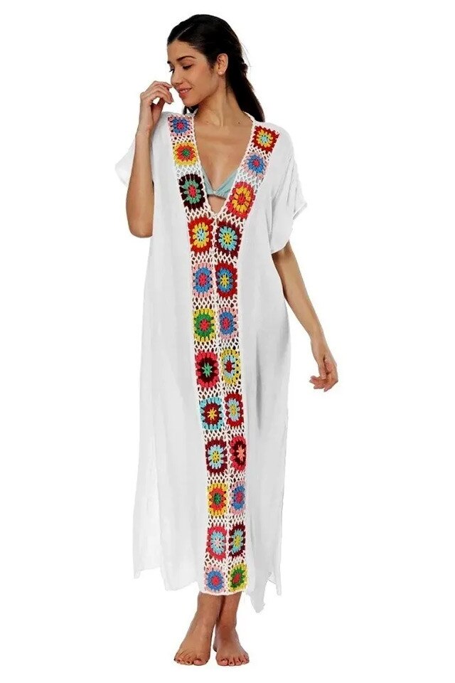 Rochita lunga de plaja, aplicatii crosetate si slituri pe laterale, Alb ...