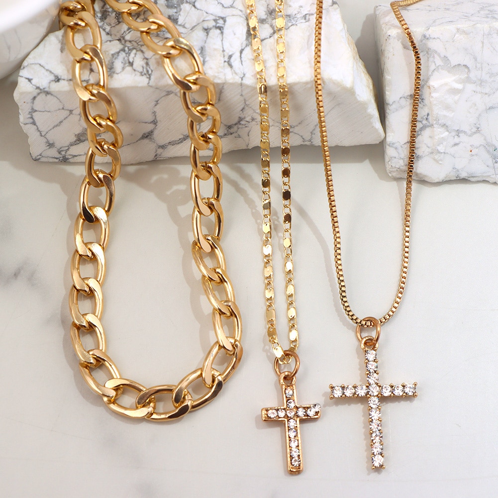 Set 3 lanturi cuban dama cu cruce si pietre, auriu - eMAG.ro