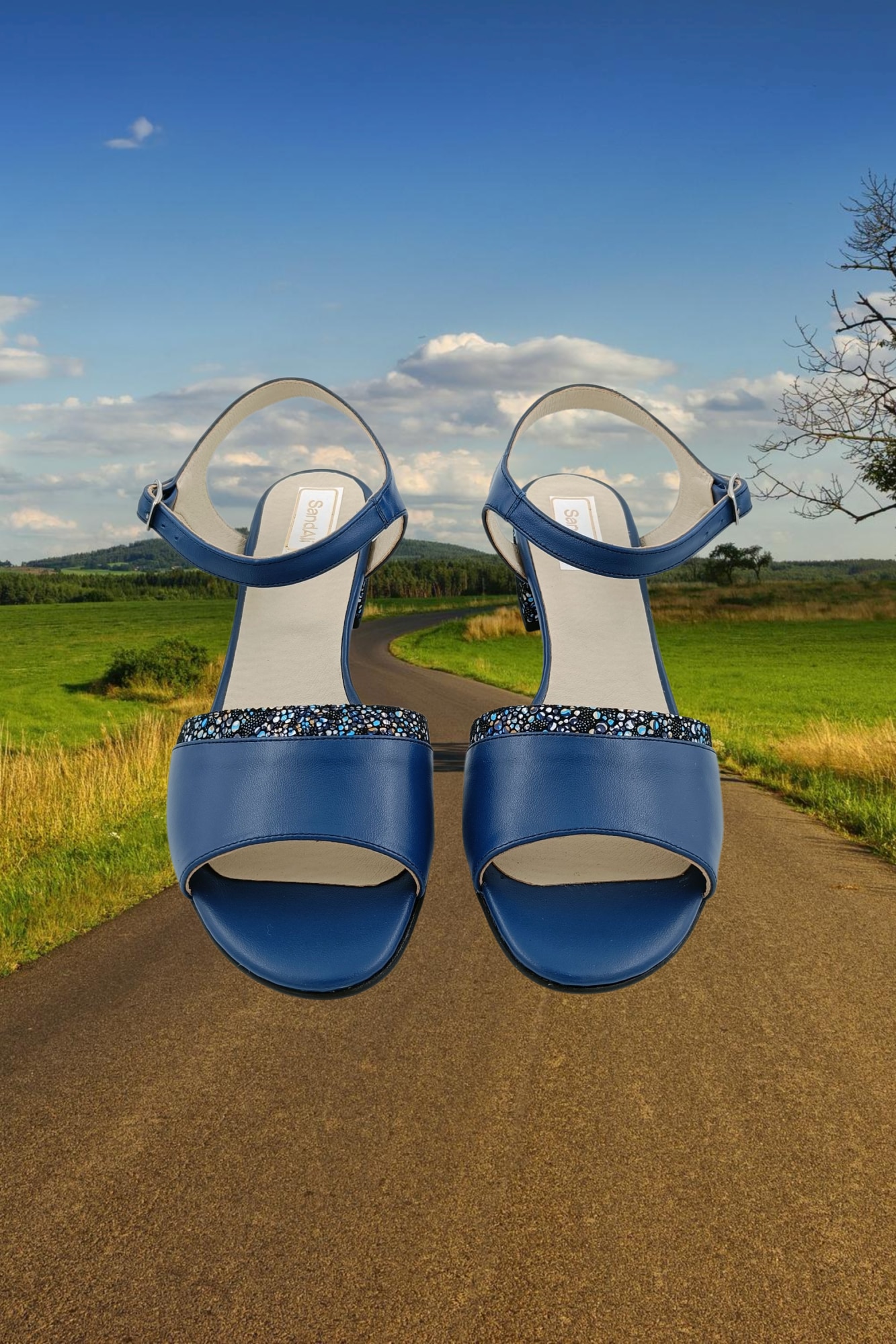 Sandale dama, piele naturala, toc mic gros, barete, albastru cu flori ...