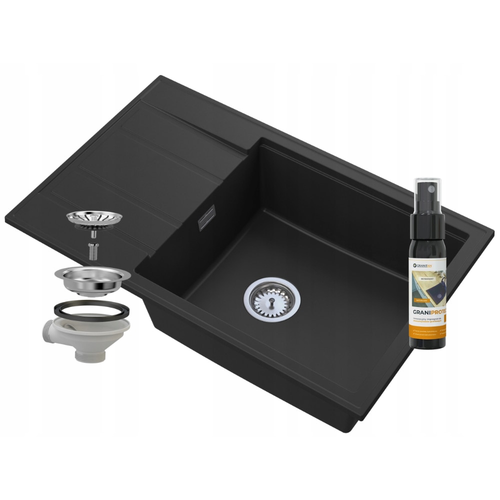 Set chiuveta cu sifon, solutie intretinere, Granitan, Granit, Negru ...